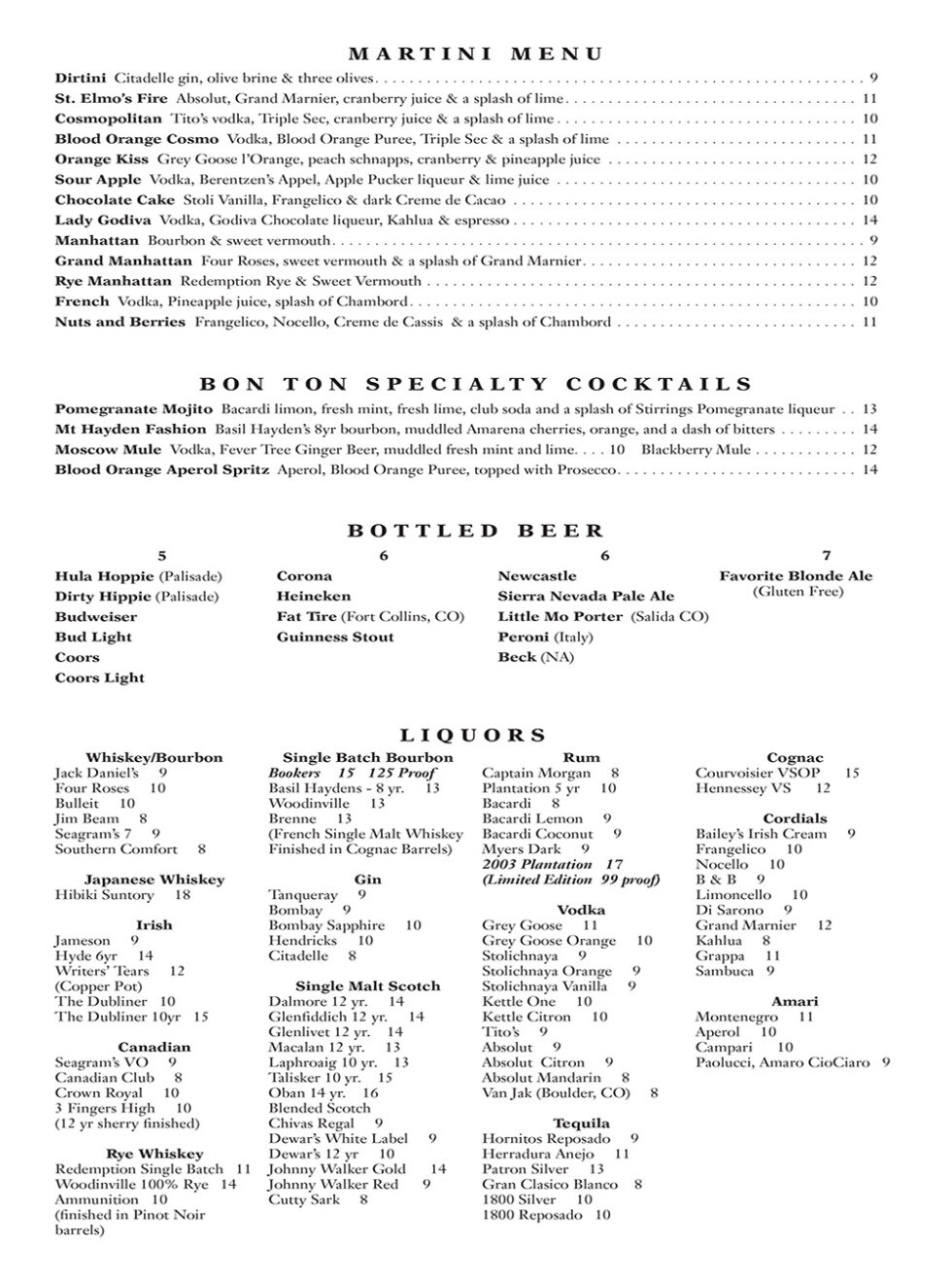 Liquors | Bella Vino Restaurant